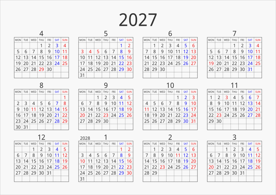 2027年 年間カレンダー シンプル 枠あり 横向き | パソコンカレンダーサイト